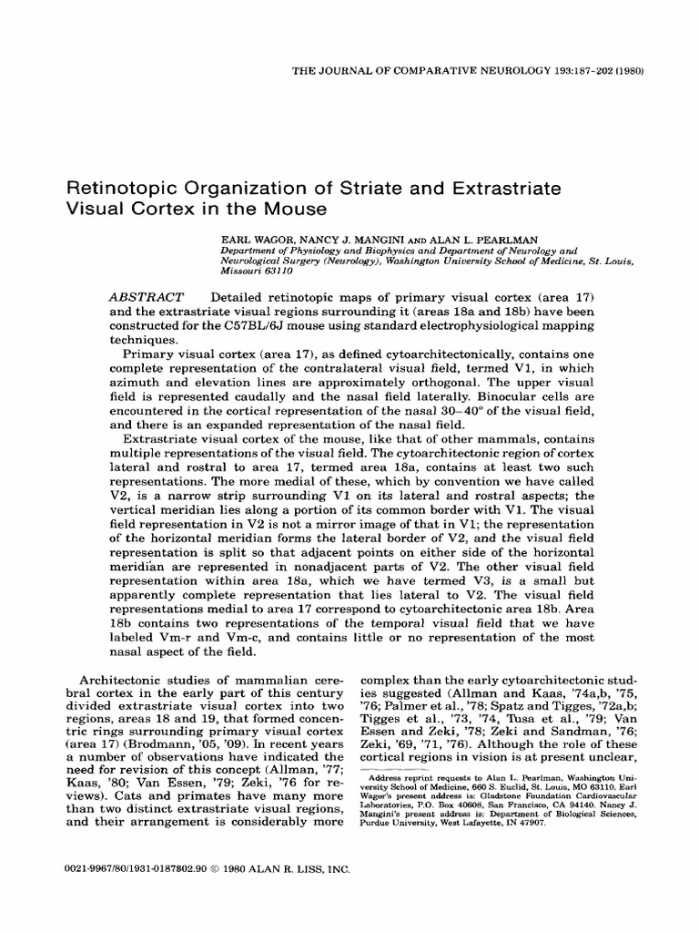Wagor 1980 (Retinotopic Organization of Striate and Extrastriate Visual ... Wagor 1980 (Retinotopic Organization of Striate and Extrastriate Visual ...