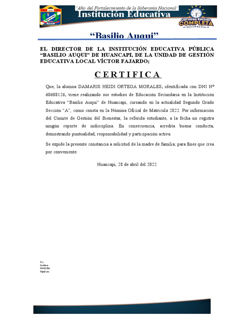 CONSTANCIA DE BUENA CONDUCTA de Estudiante | PDF