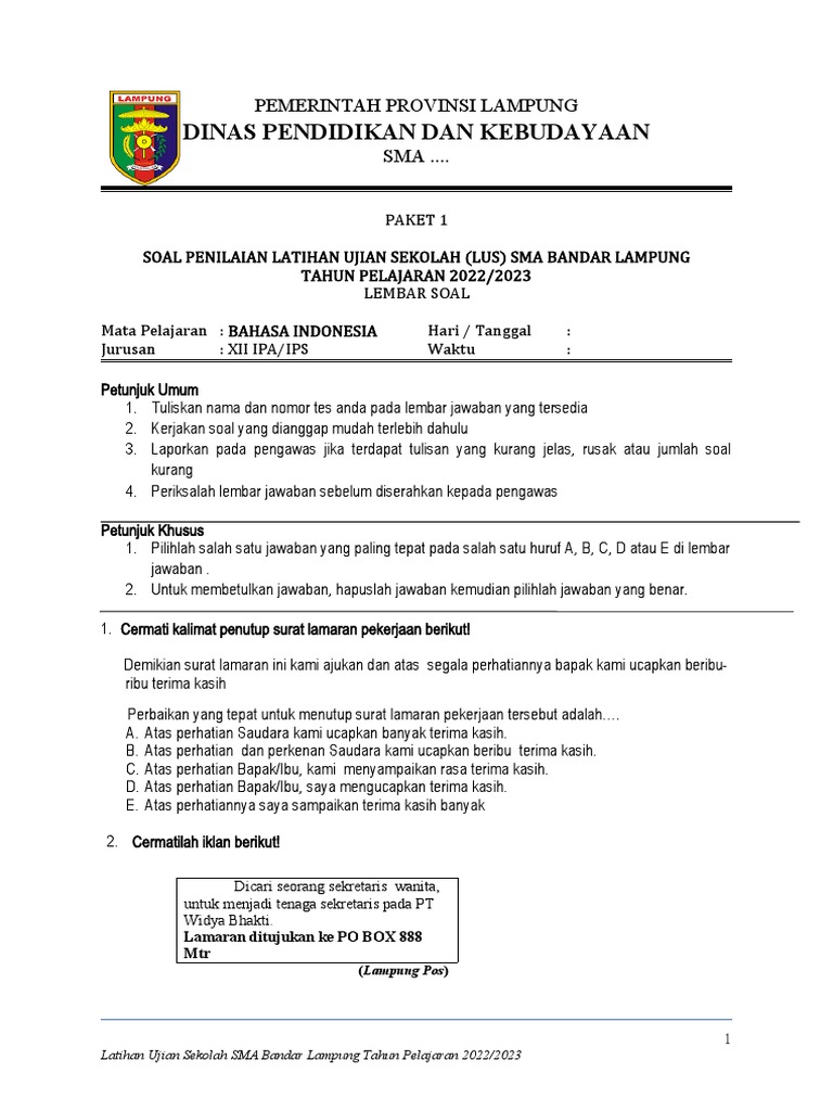 Soal Lus Bindo 2023 Paket 1 | PDF