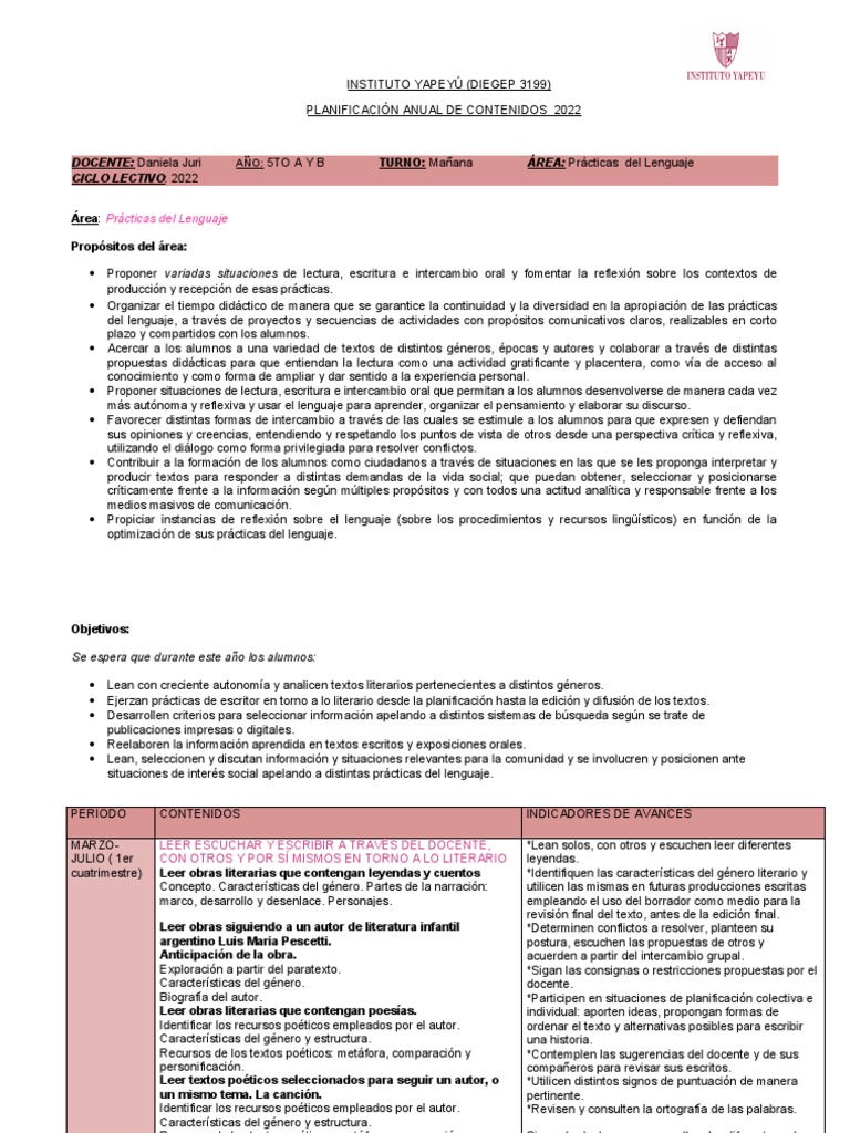 5to Planificacion Anual PDL | PDF | Asunto (gramática) | Comunicación