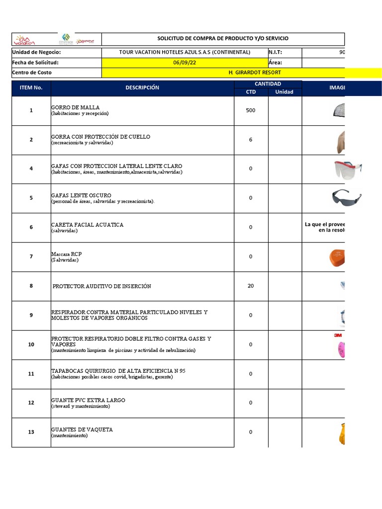SOLICITUD - DE COMPRAS EPP INSUMOS HOTEL COVE 06 Sept 2022 | PDF