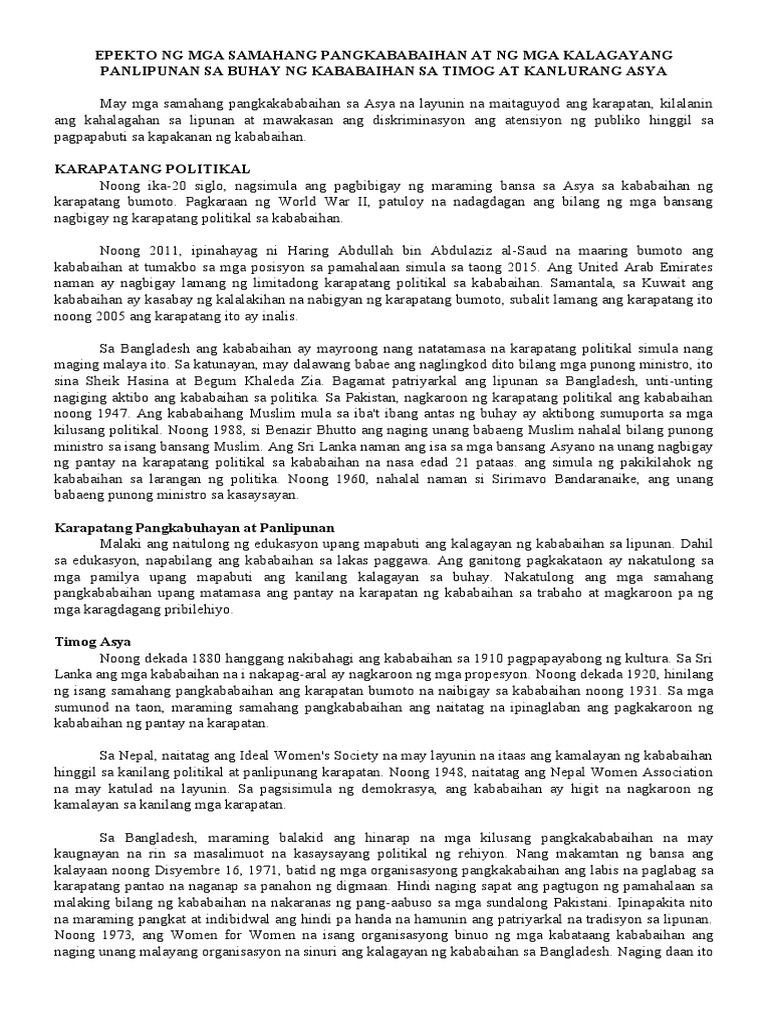 Epekto NG Mga Samahang Pangkababaihan at NG Mga Kalagayang Panlipunan ...