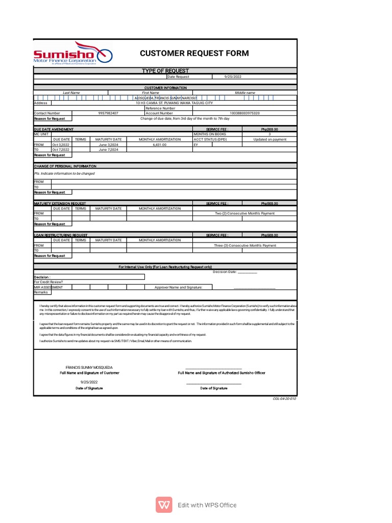 Customer Request Form PDF | PDF | Loans | Business