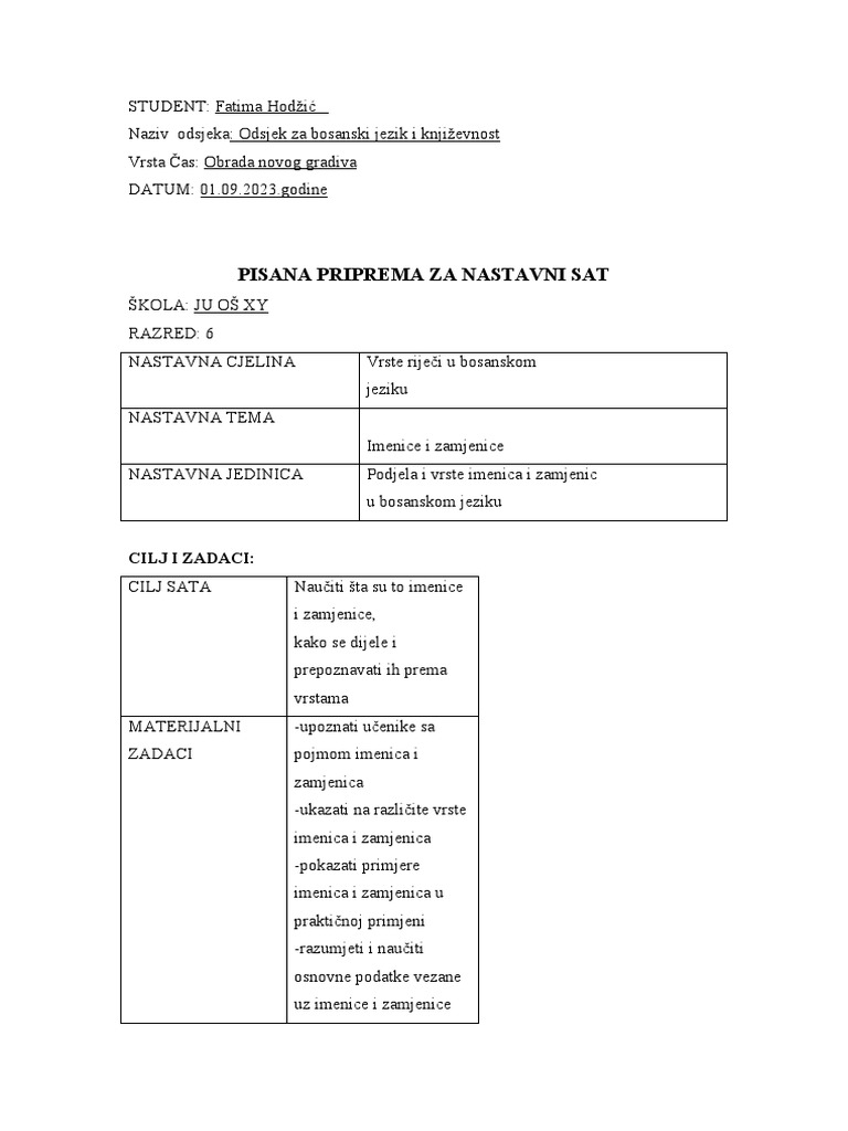 Obrazac Nastavne Pripreme | PDF