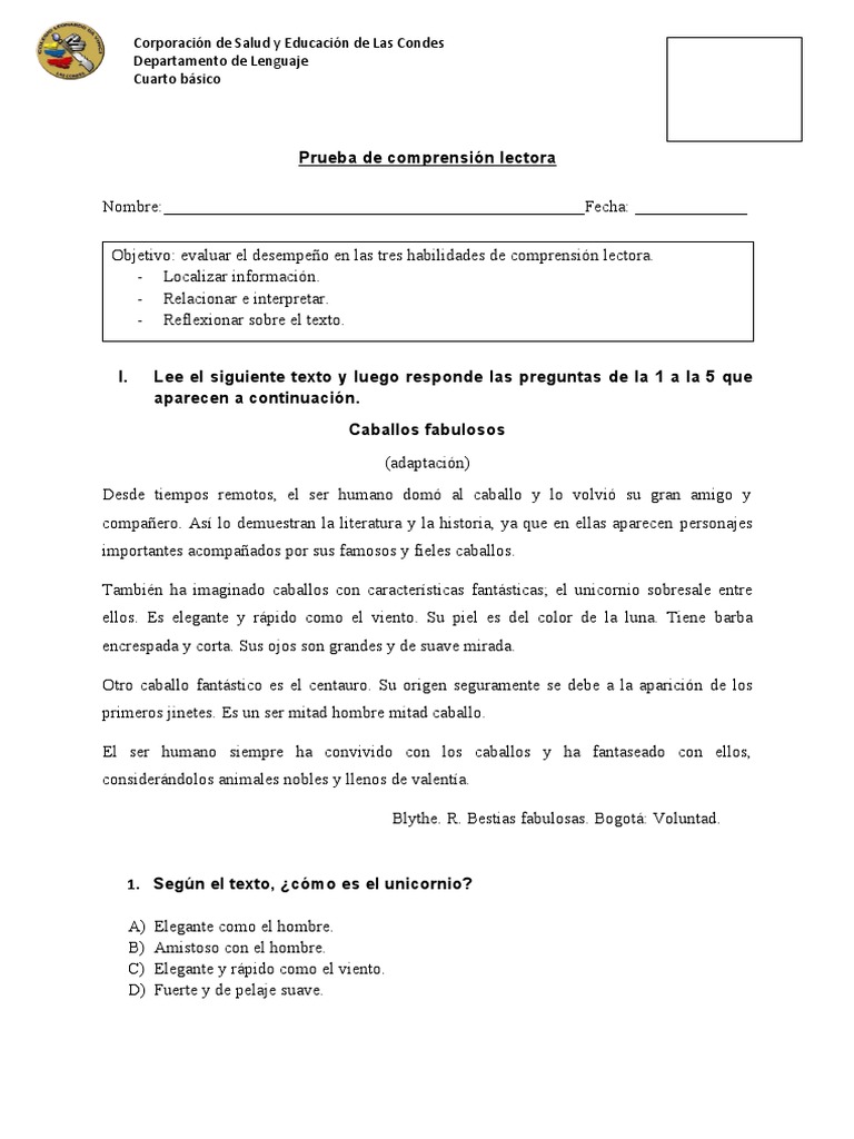 Prueba Comprensión Lectora 4° | PDF | Residuos | Unicornio