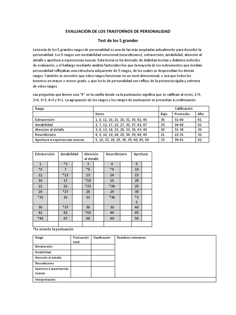 Tablas Actualizadas para Interpretación de B5, YSQ y PBQ | PDF | Psicología anormal | Ciencias ...