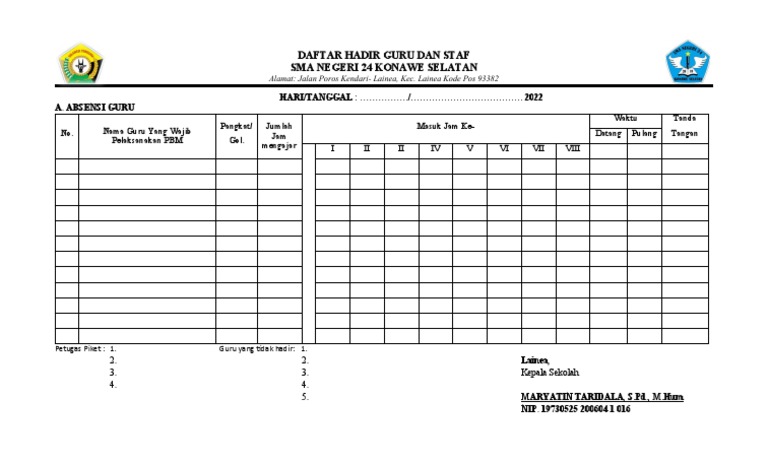 Daftar Kehadiran Guru Harian | PDF