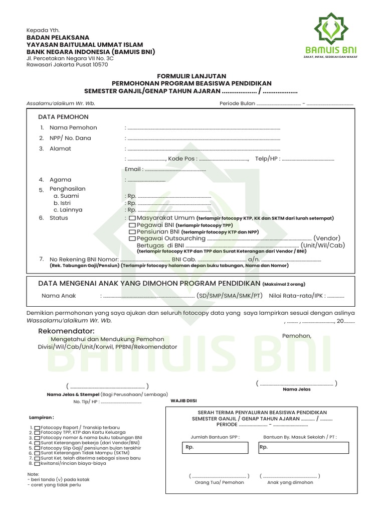 Formulir Pengajuan Beasiswa BNI | PDF
