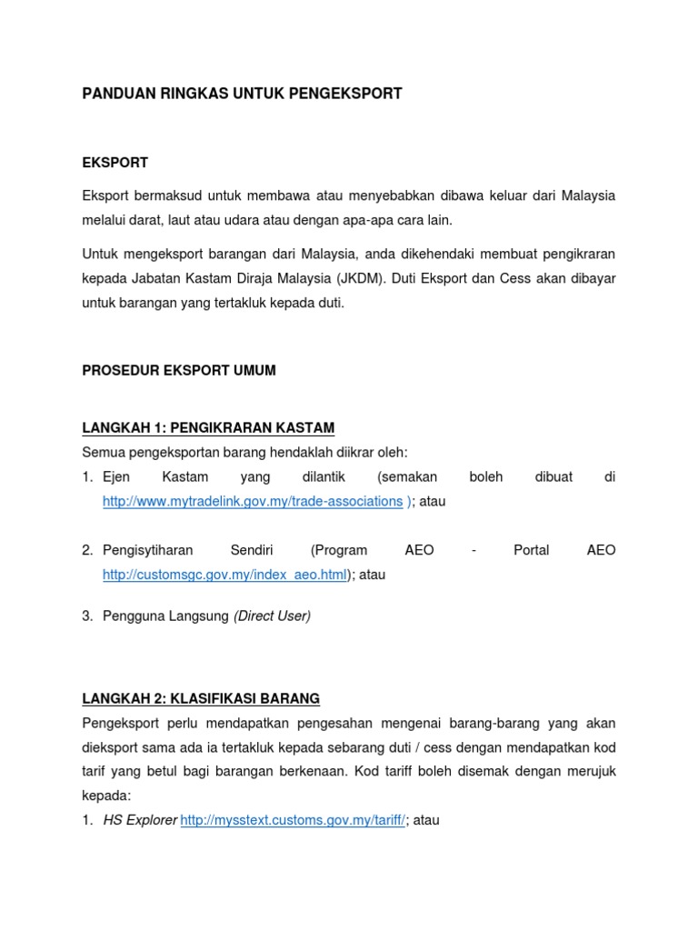 Panduan Ringkas Prosedur Eksport PDF | PDF
