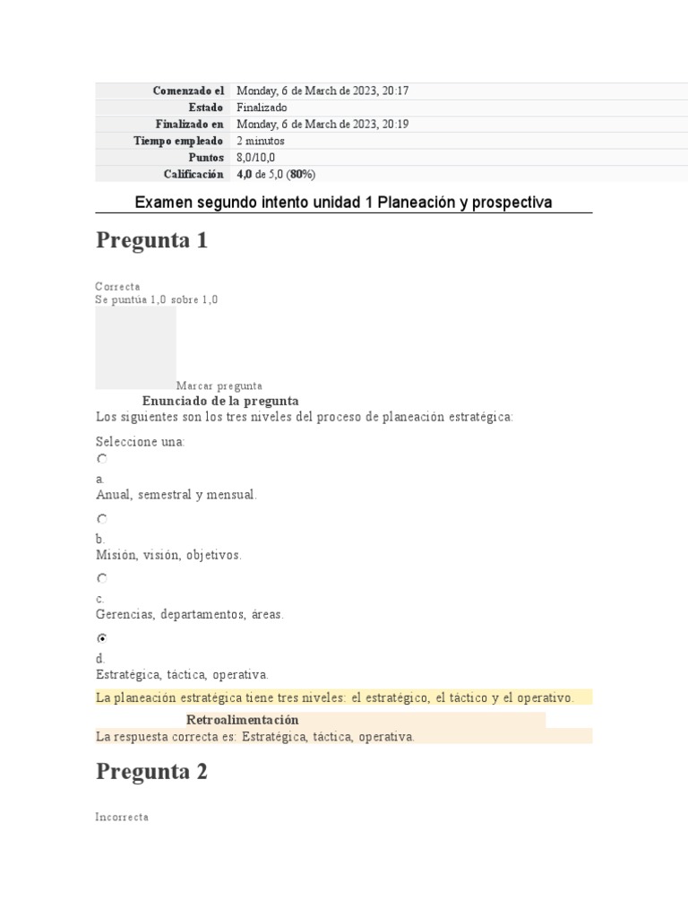 Examen Segundo Intento Unidad 1 Planeación y Prospectiva | PDF | Planificación | Business