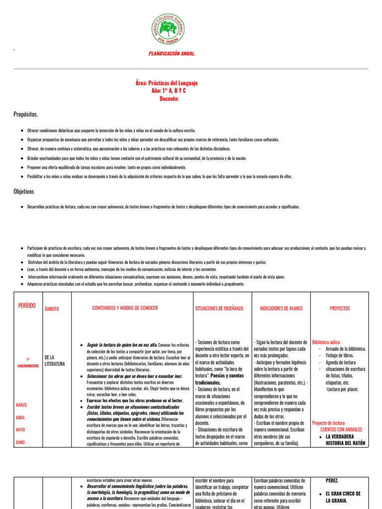 Planificación Anual de Lenguaje 1° A, B y C | PDF | Escritura ...