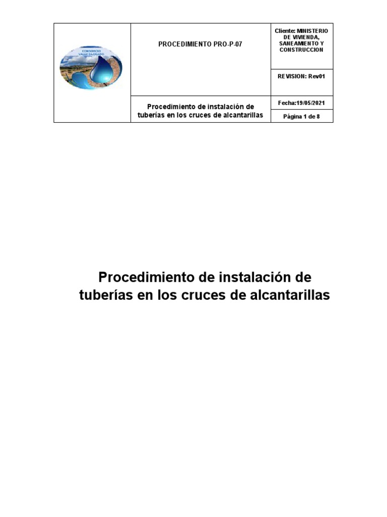 Procedimiento de Instalacion de Tuberia en Los Cruces de Alcantarillas Rev.00 | PDF ...