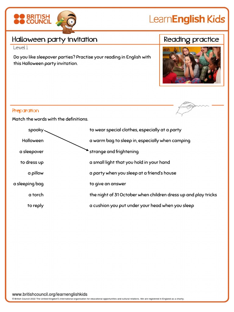 Reading Practice Halloween Party Invitation Worksheet | PDF | Halloween