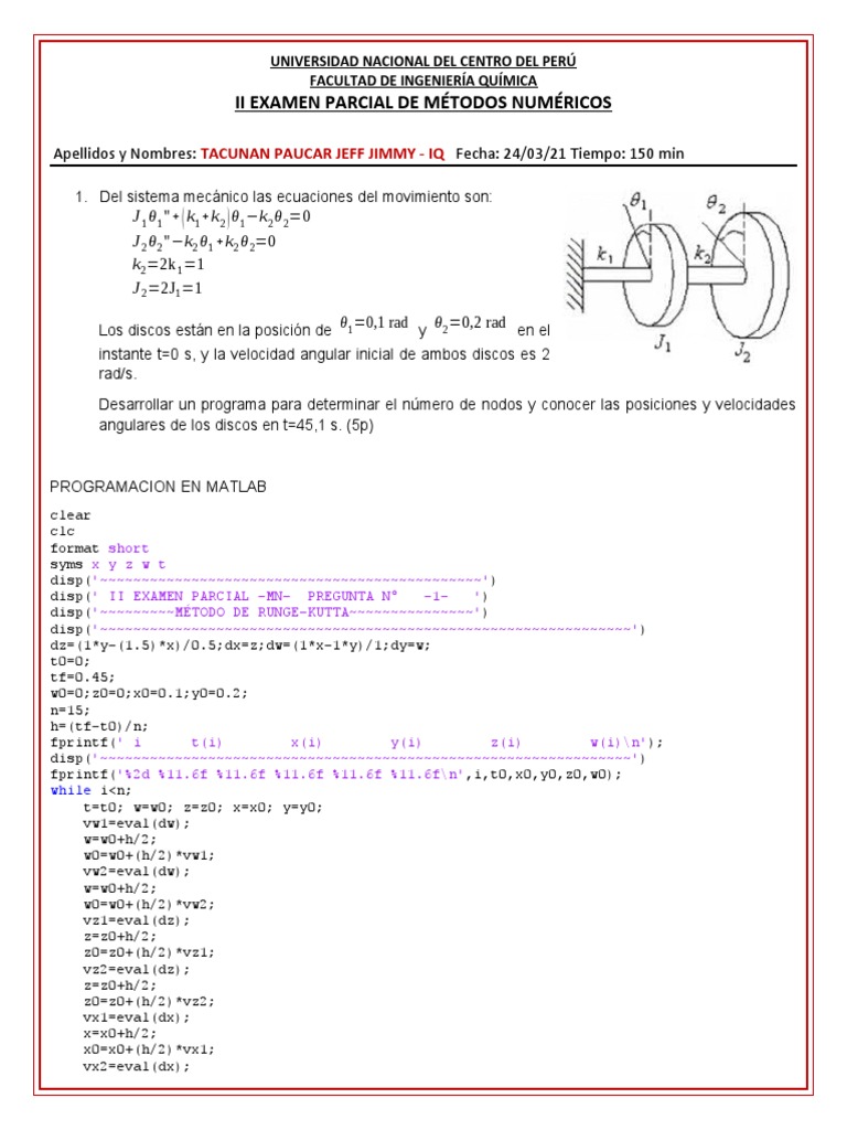 Ii - Parcial de Metodos Numericos - Tacunan Paucar Jeff - Iq | PDF | Cinética química ...