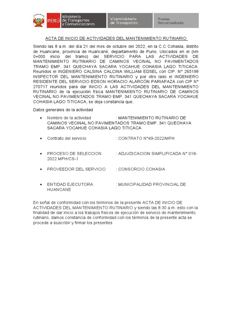 Acta de Inicio de Actividades Del Mantenimiento Rutinario | PDF