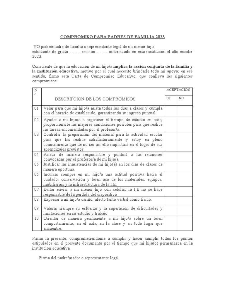 Compromisos Educativos para Padres 2023 | PDF