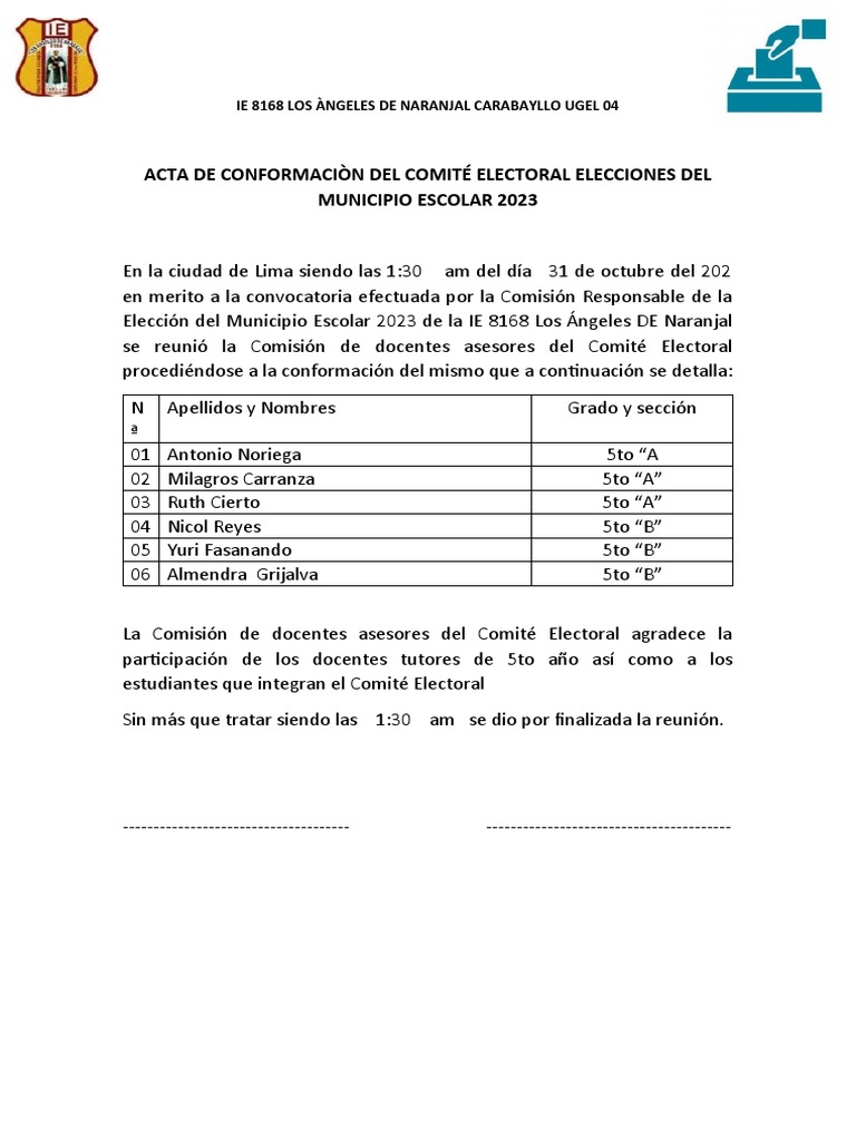Acta de Conformación Comité Electoral 2023 | PDF