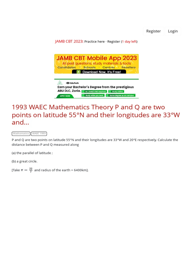 1993 WAEC Mathematics Theory P and Q Are Two Points On Latitude 55° N ...