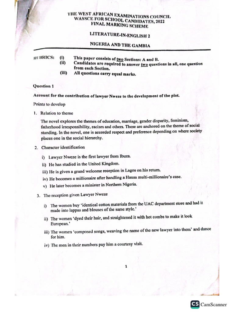 Waec Literature Marking Scheme | PDF