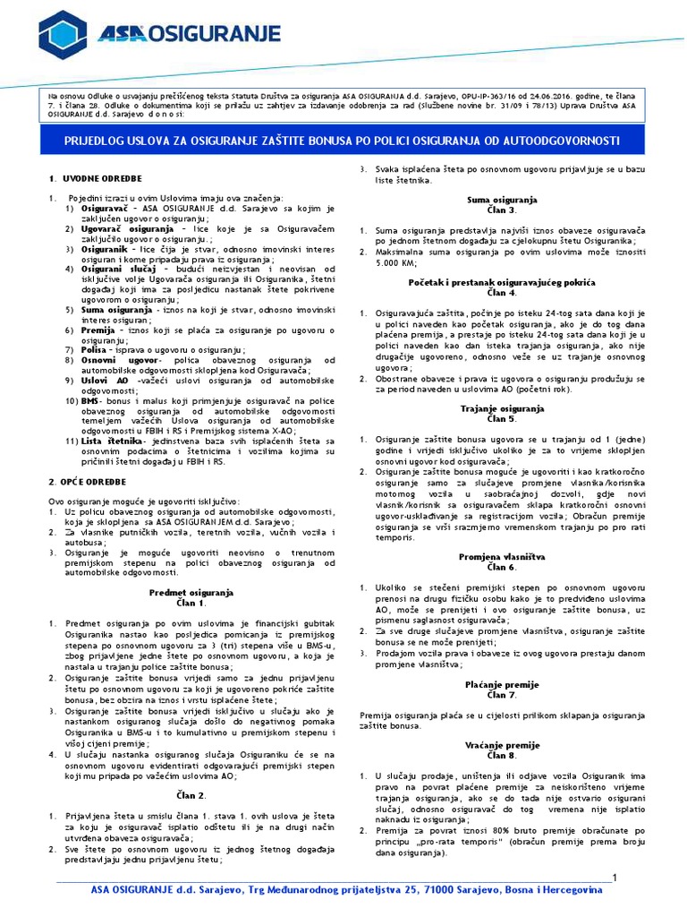 Uslovi Osiguranja Zastite Bonusa Po AO | PDF