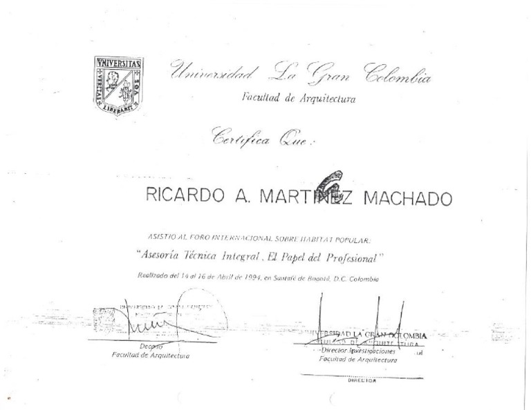 Diploma U. La Gran Colombia Foro Internacional Asesoria Tecnica Ricardo ...