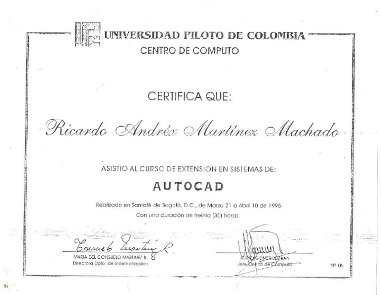 Diploma U. Piloto de Colombia Ricardo Andrés Martínez Machado Autocad 21 Marzo 1995 | PDF