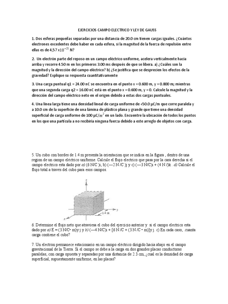 Ejercicios Campo Electrico y Ley de Gauss | PDF | Campo eléctrico | Fuerza