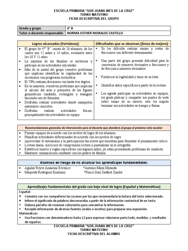 4°B Fichas Descriptivas | PDF | Educación primaria | Comunicación