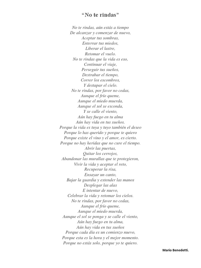 No Te Rindas de Mario Benedetti | PDF | Amor | Ocio