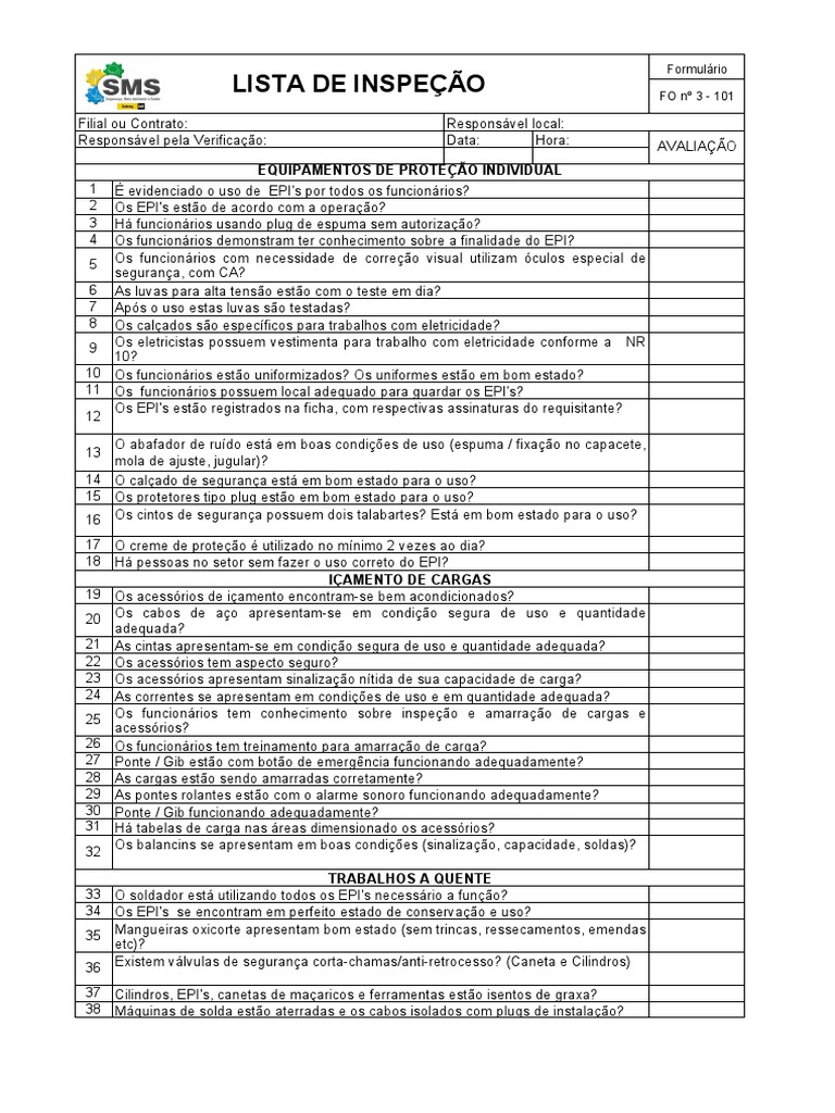 Formulario Lista de Inspeção | PDF | Desperdício | Capacete