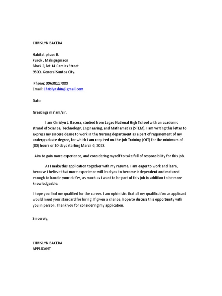 Nursing OJT Application by Chrislyn Bacera | PDF