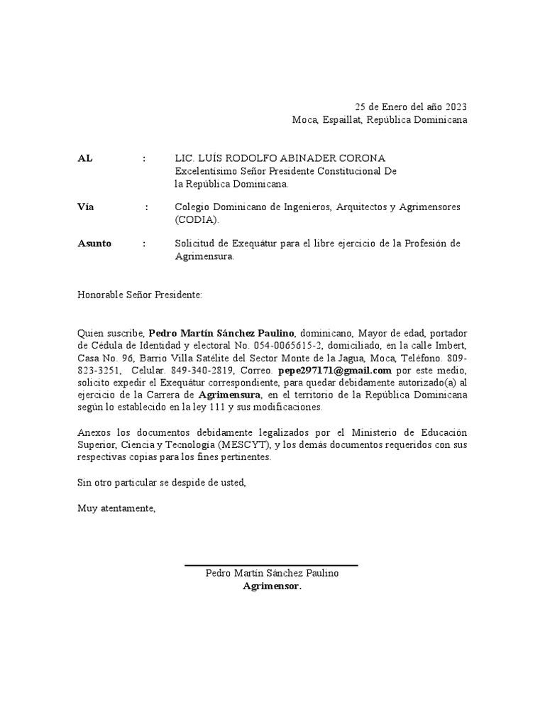 Solicitud de Exequátur para Agrimensor | PDF
