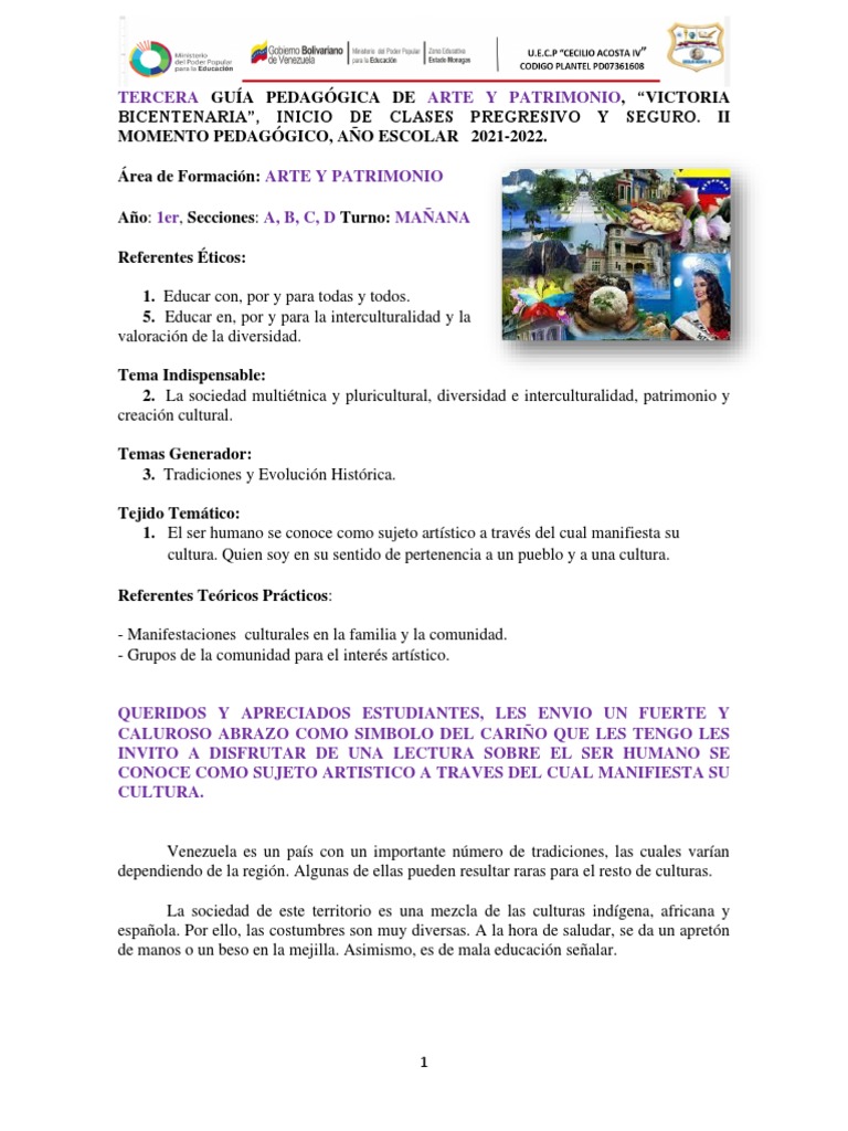 1er Año, Arte y Patrimonio, Tercera Guia, Turno Mañana, Ii Momento Pedagógico 2021-2022 ...