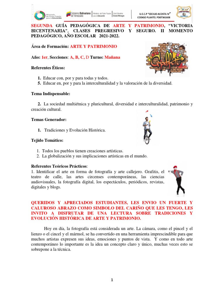 1ER AÑO, ARTE Y PATRIMONIO , SEGUNDAS GUIAS. 1ER AÑO , TURNO MAÑANA, II MOMENTO PEDAGÓGICO 2021 ...