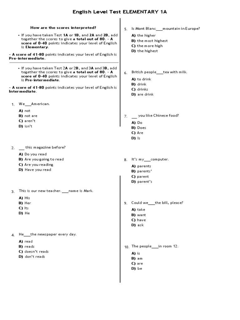 Elementary English Level Test 1A | PDF