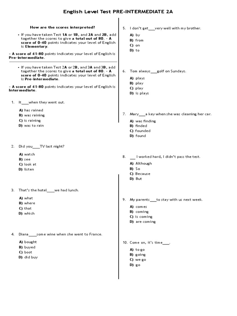 English Level Test PRE-INTERMEDIATE 2A | PDF
