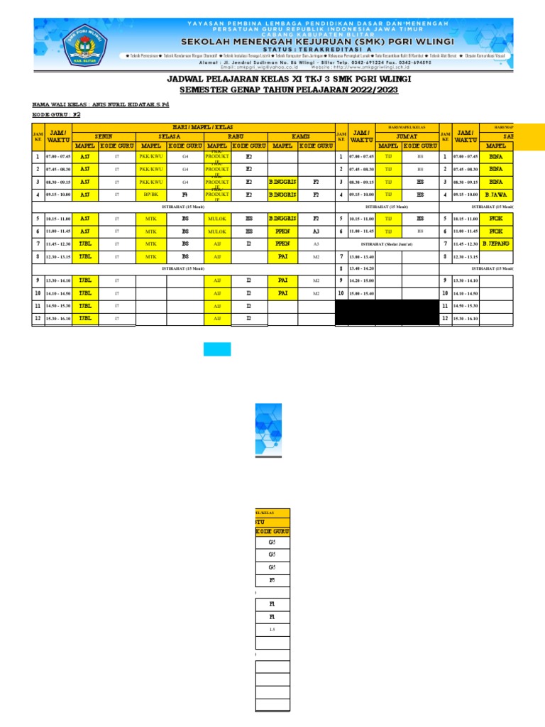 Jadwal Pelajaran Xi TKJ 3 2022-2023 Semester Genap | PDF