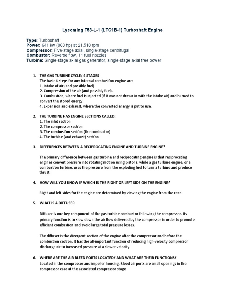 Lycoming T53-L-1 Turboshaft Engine Technical Overview | PDF | Gas ...