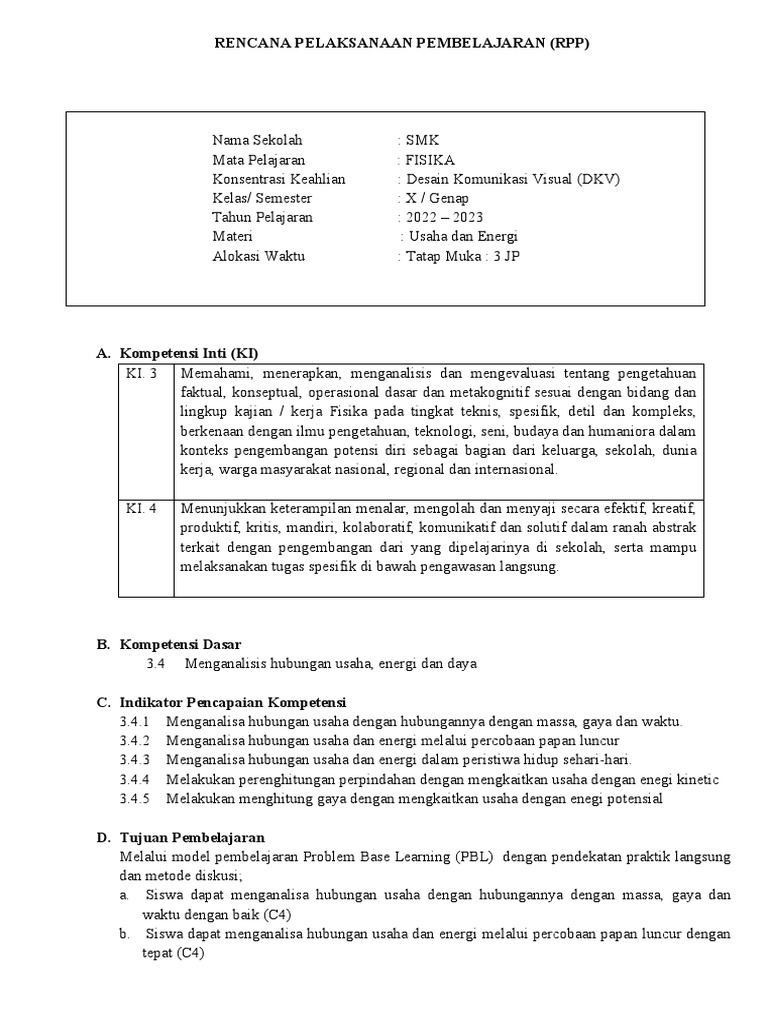 Rencana Pelaksanaan Pembelajaran (RPP) | PDF