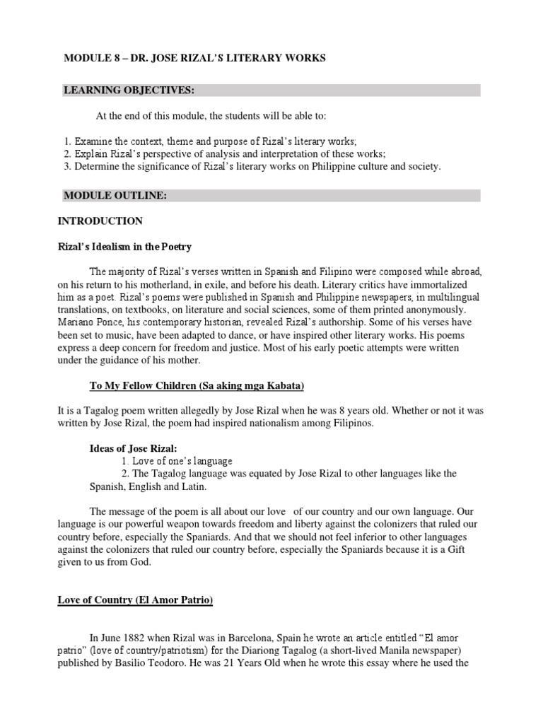 Module 8 - Dr. Jose Rizal's Literary Works | PDF