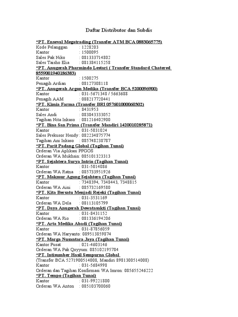 Daftar Sub Distributor Farmasi | PDF