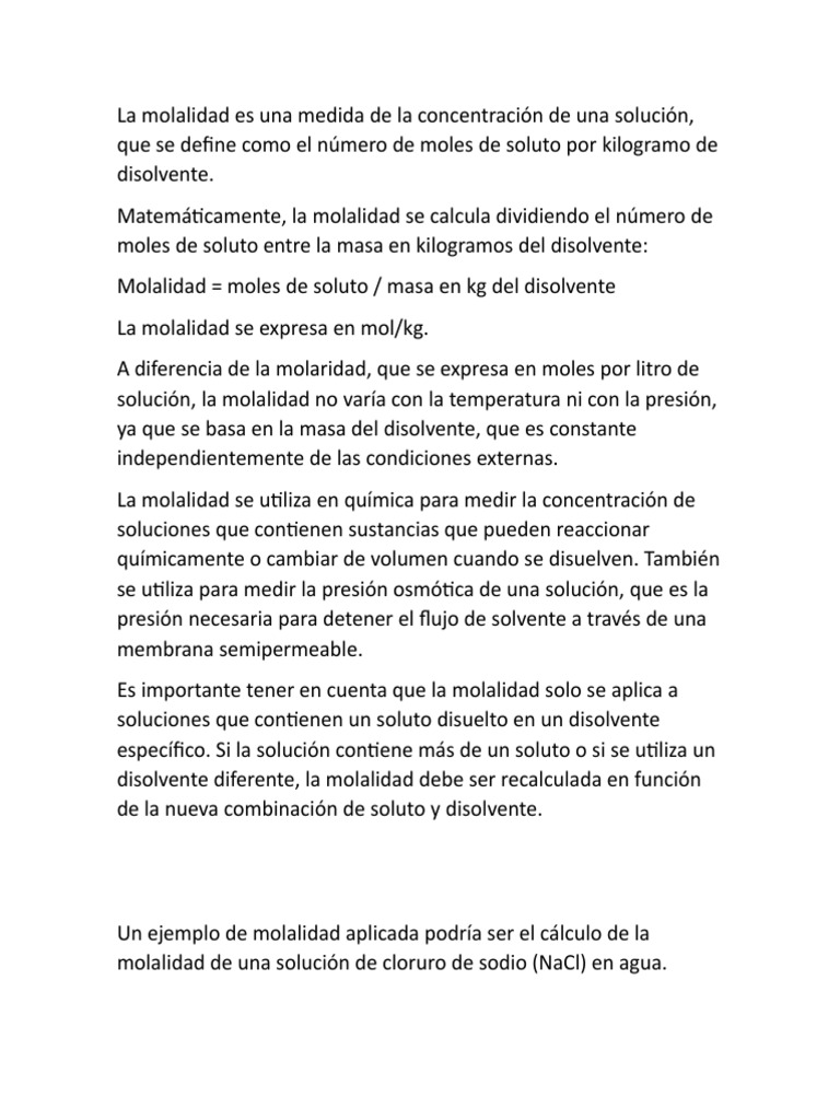 Molalidad Concepto y Ejemplo | PDF | Cocina, comidas y vino