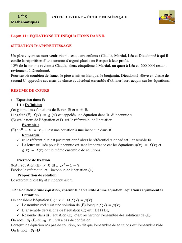 Maths 2C - L11 - Equation Et Inequation Dans IR PDF | PDF | Équations ...