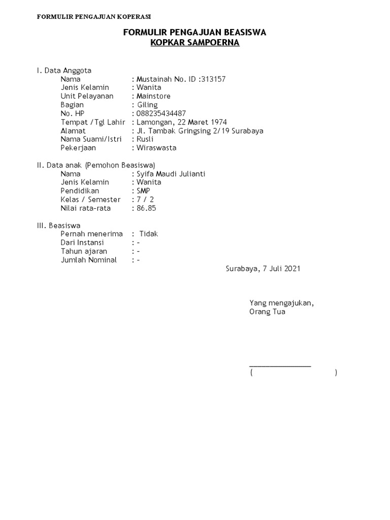 Form Pengajuan Beasiswa 2021 | PDF