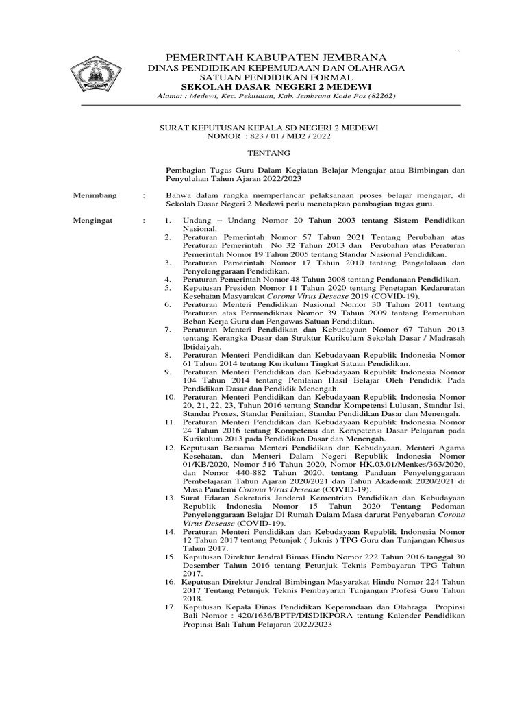 SK Pembagian Tugas Mengajar 11 Juli 2022-2023 | PDF