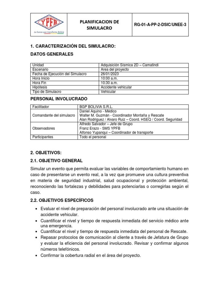 Planificación de Simulacro - Vehicular | PDF Planificación de Simulacro - Vehicular | PDF