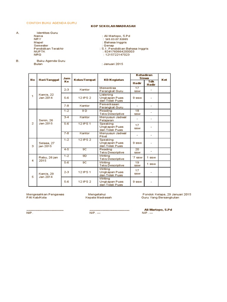 Contoh Buku Agenda Guru | PDF