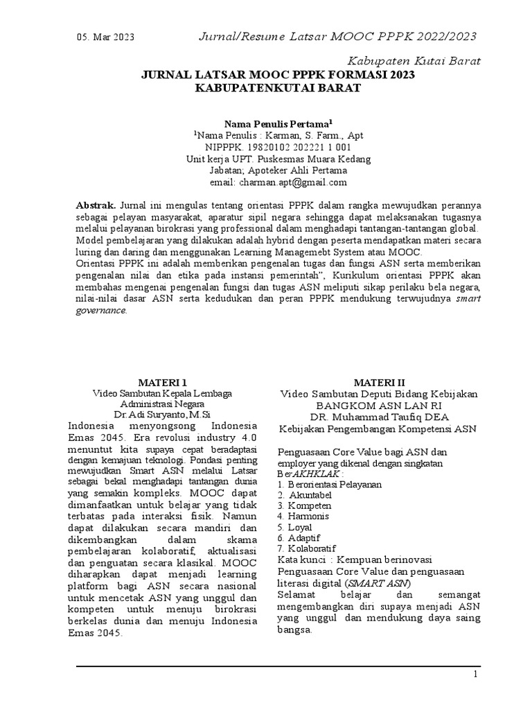 Jurnal MOOC PPPK Karman PDF | PDF