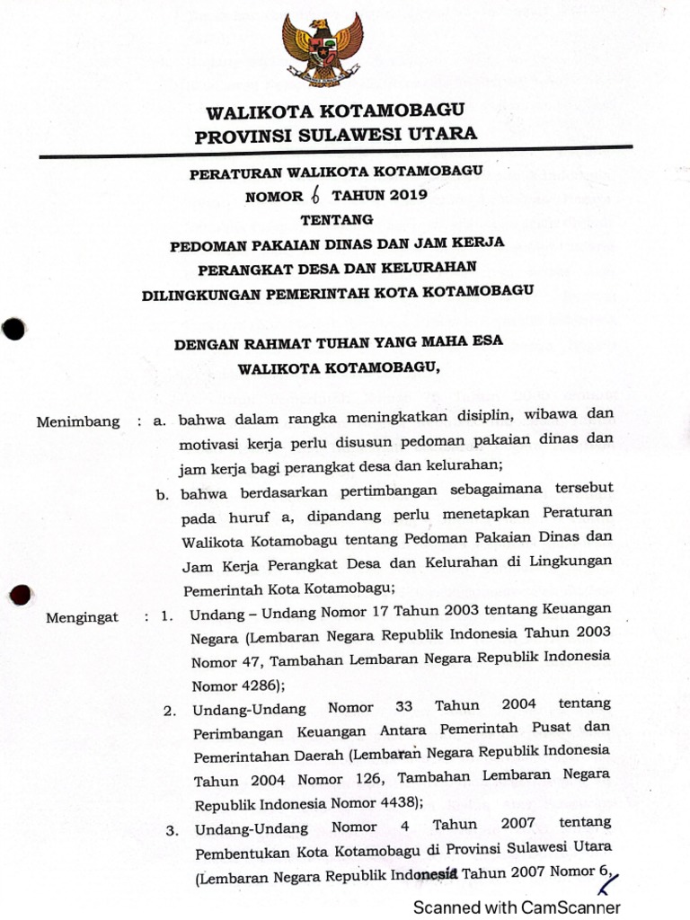 Perwa No 6 Tahun 2019 Tentang Pakaian Dinas Dan Jam Kerja PDF | PDF
