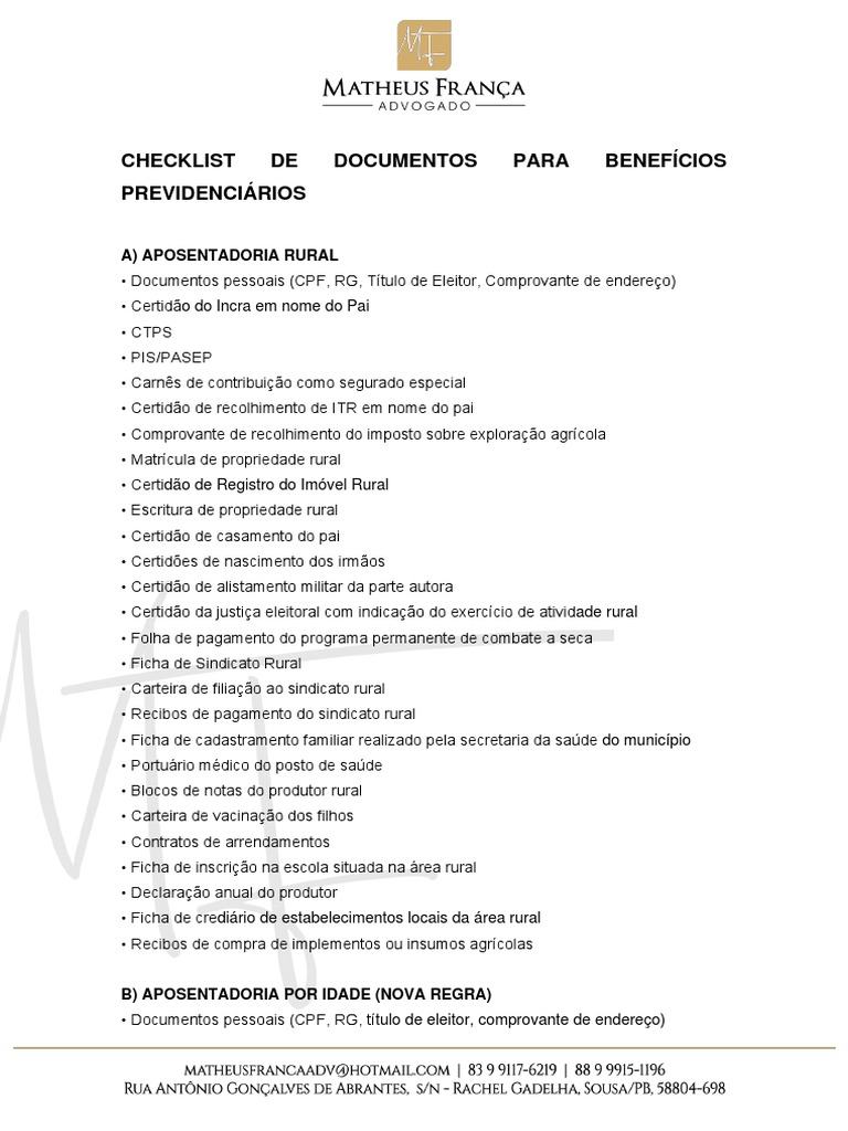 Checklist completo de documentos necessários para requerer benefícios previdenciários e ...